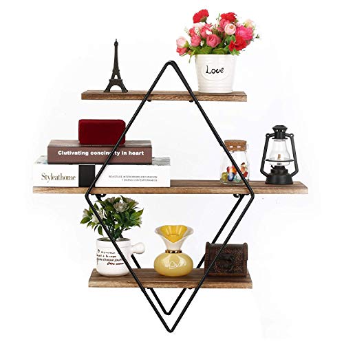 Homode Floating Shelves, Rustic Wood Geometric Wall Shelf, 3 Tier Diamond Metal Storage Shelves for Bedroom, Bathroom, Living Room, Kitchen, Office, Black and Brown