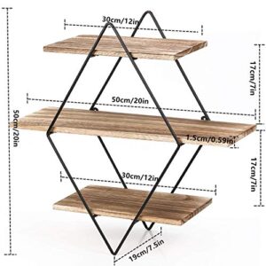 Homode Floating Shelves, Rustic Wood Geometric Wall Shelf, 3 Tier Diamond Metal Storage Shelves for Bedroom, Bathroom, Living Room, Kitchen, Office, Black and Brown