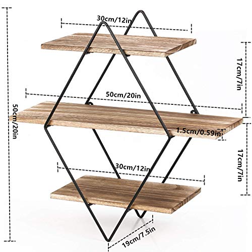 Homode Floating Shelves, Rustic Wood Geometric Wall Shelf, 3 Tier Diamond Metal Storage Shelves for Bedroom, Bathroom, Living Room, Kitchen, Office, Black and Brown