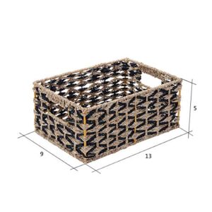 Villacera Rectangle Hand Weaved Wicker Baskets made of Water Hyacinth | Nesting Black and Natural Seagrass Bins | Set of 2