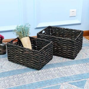 Villacera Rectangle Handmade Twisted Wicker Baskets made of Water Hyacinth | Nesting Black Seagrass Bins | Set of 2