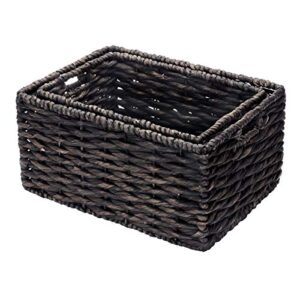 Villacera Rectangle Handmade Twisted Wicker Baskets made of Water Hyacinth | Nesting Black Seagrass Bins | Set of 2