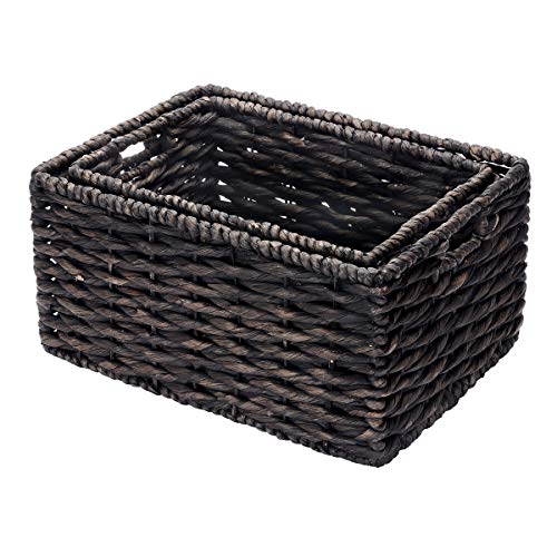 Villacera Rectangle Handmade Twisted Wicker Baskets made of Water Hyacinth | Nesting Black Seagrass Bins | Set of 2