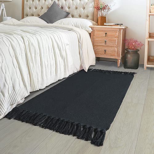 Seavish Black Kitchen Rug, 2x3 Cotton Hand Woven Recycled Throw Rug Runner Braided Entryway Floor Mat for Laundry Room Bathroom Bedroom Dorm