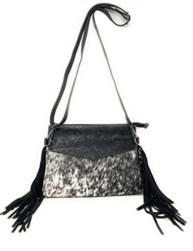 Texas West Handcrafted Genuine Leather Western Cowhide Womens Fringe Clutch Crossbody Bag in 3 Colors (Black)