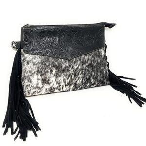 Texas West Handcrafted Genuine Leather Western Cowhide Womens Fringe Clutch Crossbody Bag in 3 Colors (Black)