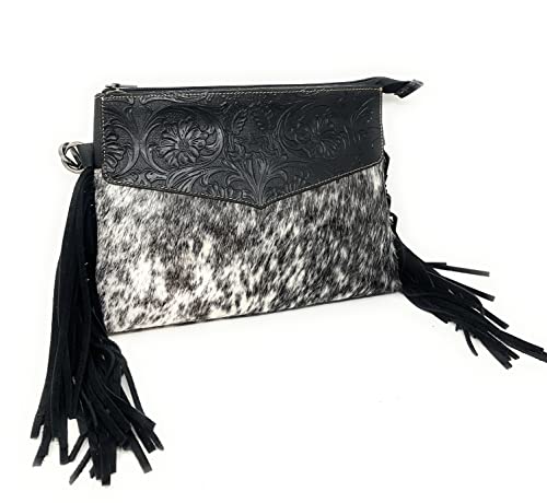 Texas West Handcrafted Genuine Leather Western Cowhide Womens Fringe Clutch Crossbody Bag in 3 Colors (Black)