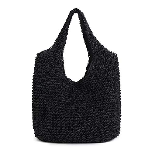 QTKJ Hand-woven Soft Large Straw Shoulder Bag Boho Straw Handle Tote Retro Summer Beach Bag Rattan Handbag (Black)