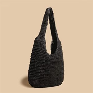 QTKJ Hand-woven Soft Large Straw Shoulder Bag Boho Straw Handle Tote Retro Summer Beach Bag Rattan Handbag (Black)