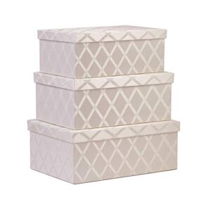 decorative storage boxes with lids – set of 3 – hard thick cardboard storage box lined with fabric, nesting storage baskets for shelves, closet organization, stylish photos holder (off white)