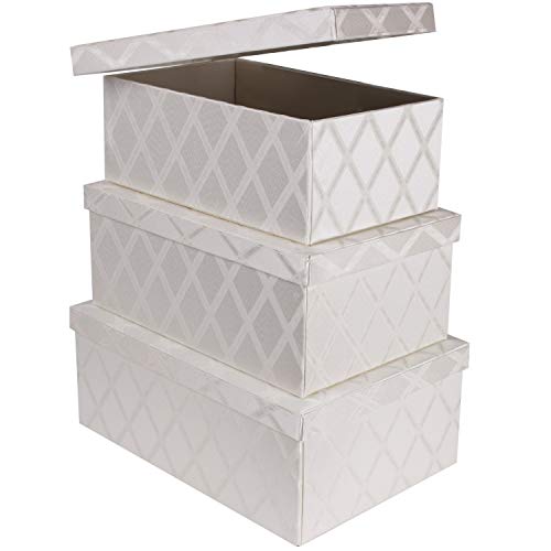 Decorative Storage Boxes with Lids – Set of 3 - Hard Thick Cardboard Storage Box Lined with Fabric, Nesting Storage Baskets for Shelves, Closet Organization, Stylish Photos Holder (Off White)