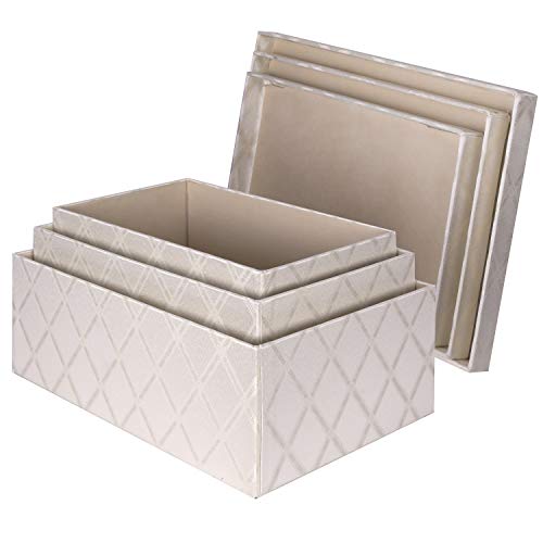 Decorative Storage Boxes with Lids – Set of 3 - Hard Thick Cardboard Storage Box Lined with Fabric, Nesting Storage Baskets for Shelves, Closet Organization, Stylish Photos Holder (Off White)