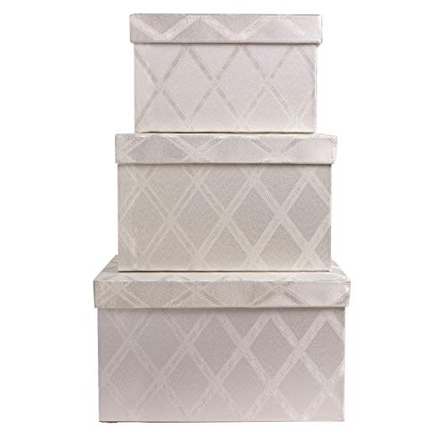 Decorative Storage Boxes with Lids – Set of 3 - Hard Thick Cardboard Storage Box Lined with Fabric, Nesting Storage Baskets for Shelves, Closet Organization, Stylish Photos Holder (Off White)