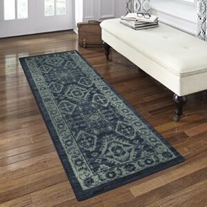 Maples Rugs Georgina Traditional Runner Rug Non Slip Washable Hallway Entry Carpet [Made in USA], 2' x 6', Navy Blue/Green