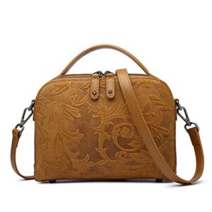 feimina women genuine leather messenger crossbody handbag design embossed floral pattern sling satchel shoulder bag (brown)