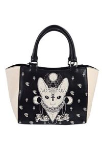 lost queen gothic bastet sphynx cat occult goth satchel handbag, black, cream, small