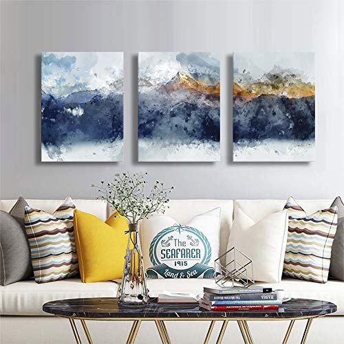 Abstract Canvas Wall Art for Living Room Modern Navy Blue Abstract Mountains Print Poster Picture Artworks for Bedroom Bathroom Kitchen Wall Decor 3 Pieces Framed Ready to Hang