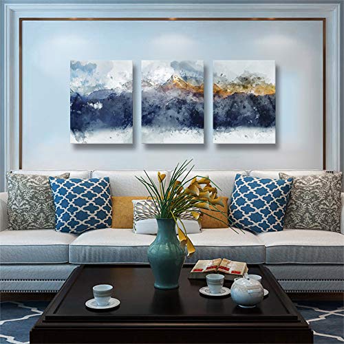 Abstract Canvas Wall Art for Living Room Modern Navy Blue Abstract Mountains Print Poster Picture Artworks for Bedroom Bathroom Kitchen Wall Decor 3 Pieces Framed Ready to Hang