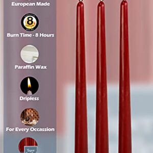 12 Pack Tall Taper Candles - 10 Inch Burgundy Dripless, Unscented Dinner Candle - Paraffin Wax with Cotton Wicks - 8 Hour Burn Time