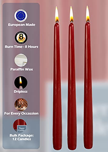 12 Pack Tall Taper Candles - 10 Inch Burgundy Dripless, Unscented Dinner Candle - Paraffin Wax with Cotton Wicks - 8 Hour Burn Time