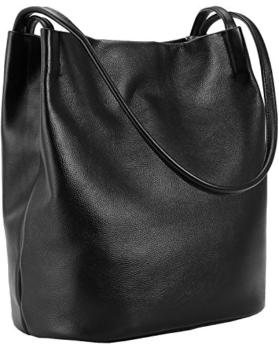 Iswee Genuine Leather Shoulder Bags Purse Totes Hobo Bucket Handbags for Women (Black)