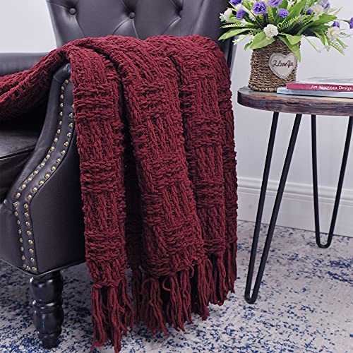 Home Soft Things Cable Knitted Throw Blankets 60" x 80", Burgundy, Soft Cozy Fluffy Decorative Throw with Tassels Couch Bed Sofa Cover Throw Blankets