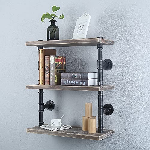 Industrial Pipe Shelf Wall Mounted,3 Tier Rustic Metal Floating Shelves,Steampunk Real Wood Book Shelves,Wall Shelving Unit Bookshelf Hanging Wall Shelves,Farmhouse Kitchen Bar Shelving(24in)