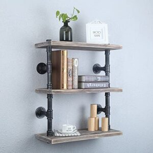 Industrial Pipe Shelf Wall Mounted,3 Tier Rustic Metal Floating Shelves,Steampunk Real Wood Book Shelves,Wall Shelving Unit Bookshelf Hanging Wall Shelves,Farmhouse Kitchen Bar Shelving(24in)