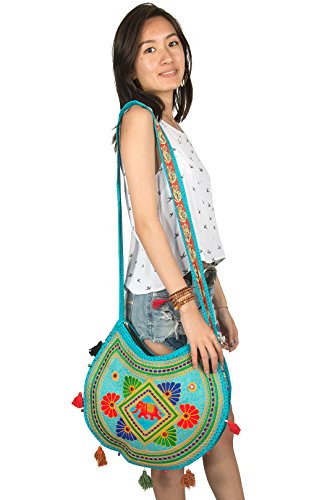 Tribe Azure Fair Trade Hippie Sling Handmade Crossbody Bag Boho Chic Patchwork Embroidered Shoulder Purse Gypsy Blue