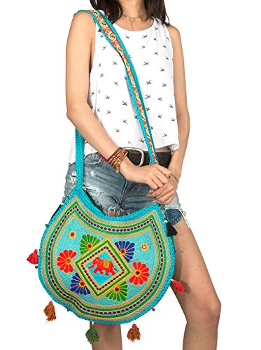 Tribe Azure Fair Trade Hippie Sling Handmade Crossbody Bag Boho Chic Patchwork Embroidered Shoulder Purse Gypsy Blue