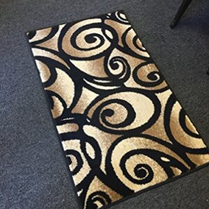 Bellagio Modern Doorway Mat Contemporary Area Rug Black Beige Abstract Swirl Design 341 (2 Feet X 3 Feet 4 Inch)