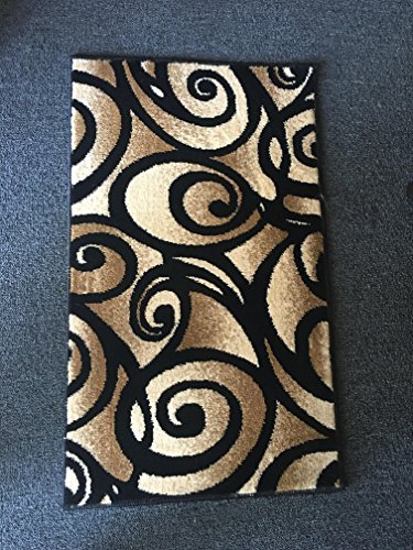 Bellagio Modern Doorway Mat Contemporary Area Rug Black Beige Abstract Swirl Design 341 (2 Feet X 3 Feet 4 Inch)