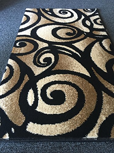 Bellagio Modern Doorway Mat Contemporary Area Rug Black Beige Abstract Swirl Design 341 (2 Feet X 3 Feet 4 Inch)