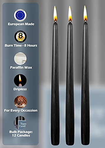 12 Pack Tall Taper Candles - 10 Inch Black Dripless, Unscented Dinner Candle - Paraffin Wax with Cotton Wicks - 8 Hour Burn Time