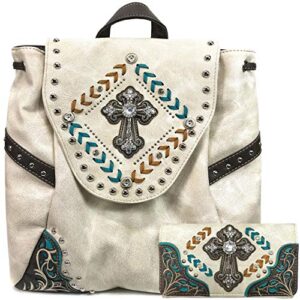 justin west trendy western cross rhinestone conceal carry women backpack purse (beige)