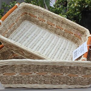 RT450180-2 Handwoven Retangular Wicker Storage basket with Handle in cream and brown (Set of 2)