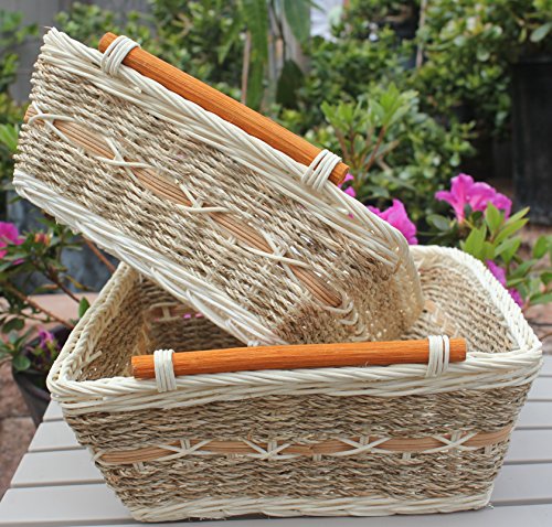 RT450180-2 Handwoven Retangular Wicker Storage basket with Handle in cream and brown (Set of 2)