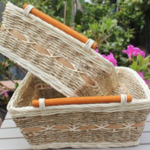 RT450180-2 Handwoven Retangular Wicker Storage basket with Handle in cream and brown (Set of 2)