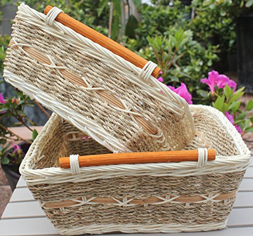 RT450180-2 Handwoven Retangular Wicker Storage basket with Handle in cream and brown (Set of 2)