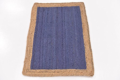 Unique Loom Braided Jute Collection Classic Quality Made Natural Hand Woven with Solid Color Detail, Area Rug, Rectangular 2' 0" x 3' 0", Navy Blue/Tan