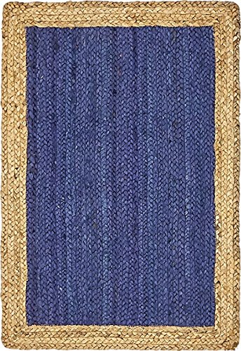 Unique Loom Braided Jute Collection Classic Quality Made Natural Hand Woven with Solid Color Detail, Area Rug, Rectangular 2' 0" x 3' 0", Navy Blue/Tan