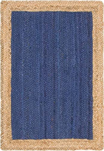 Unique Loom Braided Jute Collection Classic Quality Made Natural Hand Woven with Solid Color Detail, Area Rug, Rectangular 2' 0" x 3' 0", Navy Blue/Tan