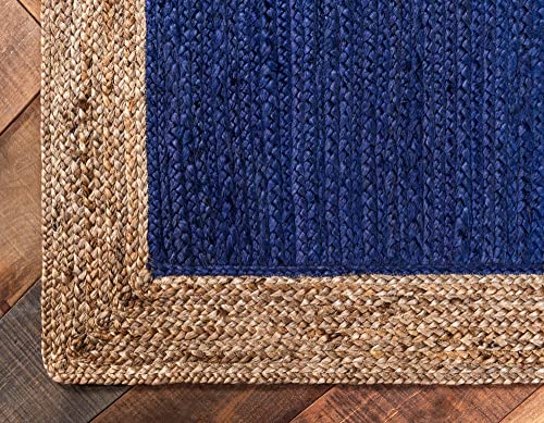 Unique Loom Braided Jute Collection Classic Quality Made Natural Hand Woven with Solid Color Detail, Area Rug, Rectangular 2' 0" x 3' 0", Navy Blue/Tan