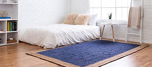 Unique Loom Braided Jute Collection Classic Quality Made Natural Hand Woven with Solid Color Detail, Area Rug, Rectangular 2' 0" x 3' 0", Navy Blue/Tan