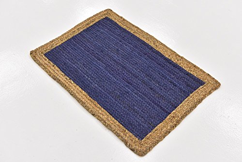 Unique Loom Braided Jute Collection Classic Quality Made Natural Hand Woven with Solid Color Detail, Area Rug, Rectangular 2' 0" x 3' 0", Navy Blue/Tan