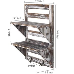 MyGift 2-Tier Wall-Mounted Shelf Rack with Key Hooks, Torched Wood Entryway Storage Display Shelves, Bathroom Shelving and Towel Hooks, 7 x 13-Inches