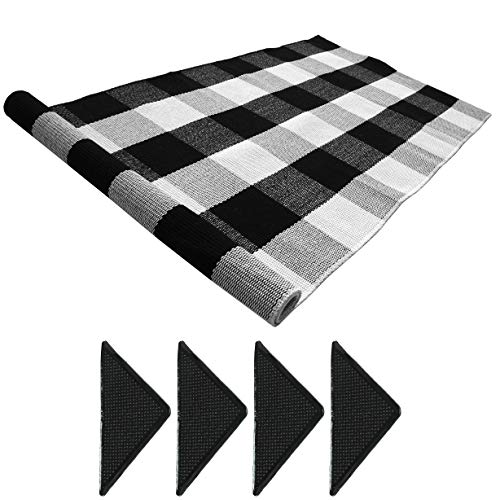 Buffalo Check Outdoor Rug Mat, 2x3/23.6" x 35.4", Black and White Rug Includes 4PCS Rug Grippers. Kitchen Rug, Checkered Porch Rugs Door Mat