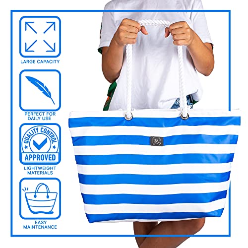 Large Waterproof Striped Tote Beach Bag - Top Zipper Closure - Waterproof Lining - Tote Shoulder Bag For Gym Beach Travel (Striped Blue)