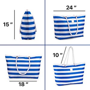 Large Waterproof Striped Tote Beach Bag - Top Zipper Closure - Waterproof Lining - Tote Shoulder Bag For Gym Beach Travel (Striped Blue)