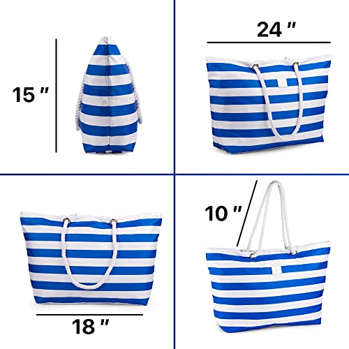 Large Waterproof Striped Tote Beach Bag - Top Zipper Closure - Waterproof Lining - Tote Shoulder Bag For Gym Beach Travel (Striped Blue)